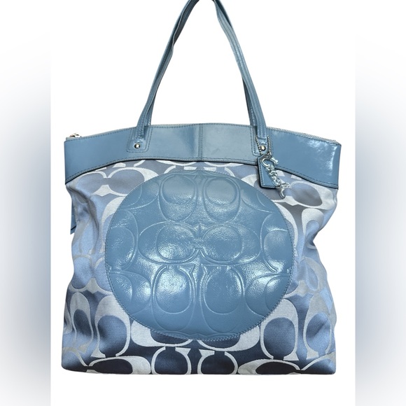Coach | Bags | Coach Signature Tote Bag Blue Patent Leather Jacquard ...
